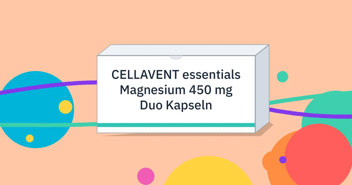 Symbolbild: Packung mit der Aufschrift CELLAVENT essentials Magnesium 450 mg Duo Kapseln (PZN 19900597) – Verfügbarkeit und Bezug in Apotheken in Frankfurt am Main