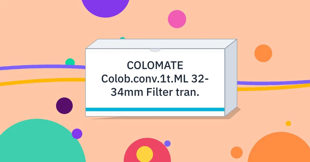 Symbolbild: Packung mit der Aufschrift COLOMATE Colob.conv.1t.ML 32-34mm Filter tran. (PZN 03374184) – Verfügbarkeit und Bezug in Apotheken in Frankfurt am Main