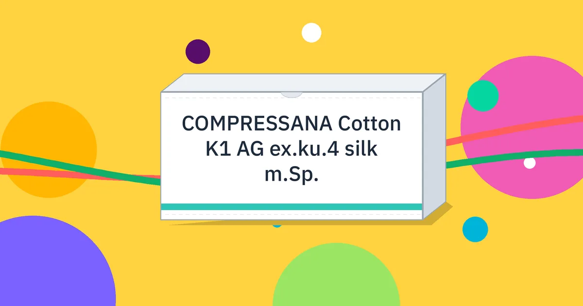 Symbolbild: Packung mit der Aufschrift COMPRESSANA Cotton K1 AG ex.ku.4 silk m.Sp. (PZN 11395214) – Verfügbarkeit und Bezug in Apotheken in Frankfurt am Main
