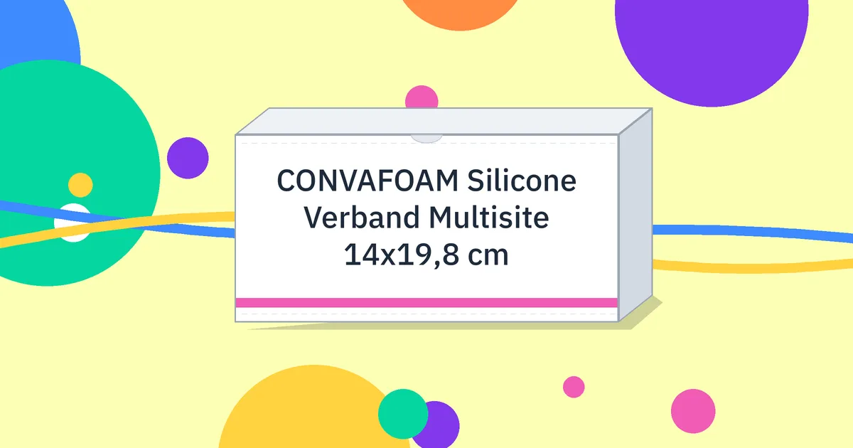 Symbolbild: Packung mit der Aufschrift CONVAFOAM Silicone Verband Multisite 14x19,8 cm (PZN 19768301) – Verfügbarkeit und Bezug in Apotheken in Frankfurt am Main