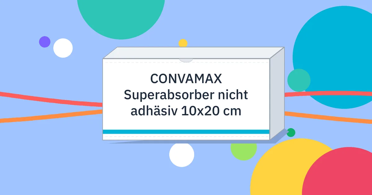 Symbolbild: Packung mit der Aufschrift CONVAMAX Superabsorber nicht adhäsiv 10x20 cm (PZN 16733880) – Verfügbarkeit und Bezug in Apotheken in Frankfurt am Main