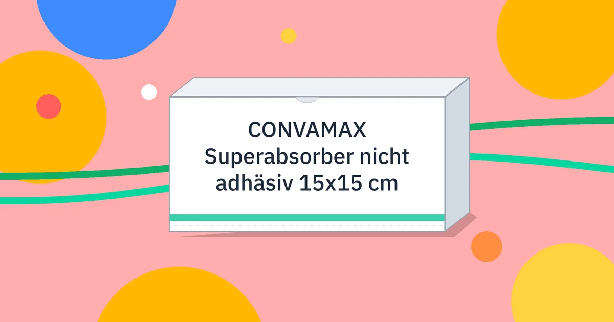 Symbolbild: Packung mit der Aufschrift CONVAMAX Superabsorber nicht adhäsiv 15x15 cm (PZN 15634360) – Verfügbarkeit und Bezug in Apotheken in Frankfurt am Main
