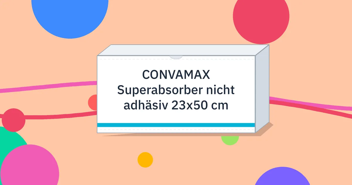Symbolbild: Packung mit der Aufschrift CONVAMAX Superabsorber nicht adhäsiv 23x50 cm (PZN 19853509) – Verfügbarkeit und Bezug in Apotheken in Frankfurt am Main