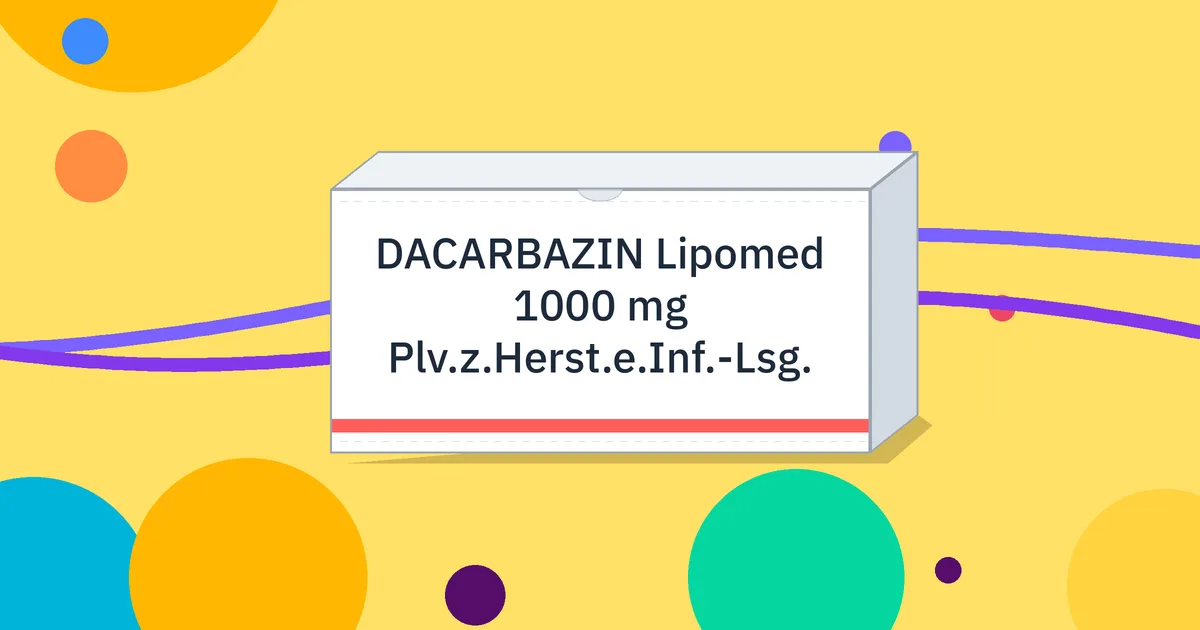Symbolbild: Packung mit der Aufschrift DACARBAZIN Lipomed 1000 mg Plv.z.Herst.e.Inf.-Lsg. (PZN 13058403) – Verfügbarkeit und Bezug in Apotheken in Frankfurt am Main