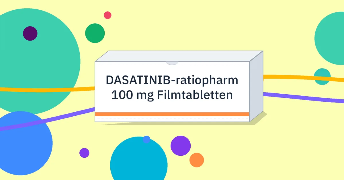 Symbolbild: Packung mit der Aufschrift DASATINIB-ratiopharm 100 mg Filmtabletten (PZN 16315119) – Verfügbarkeit und Bezug in Apotheken in Frankfurt am Main