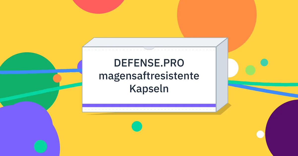 Symbolbild: Packung mit der Aufschrift DEFENSE.PRO magensaftresistente Kapseln (PZN 19662790) – Verfügbarkeit und Bezug in Apotheken in Frankfurt am Main
