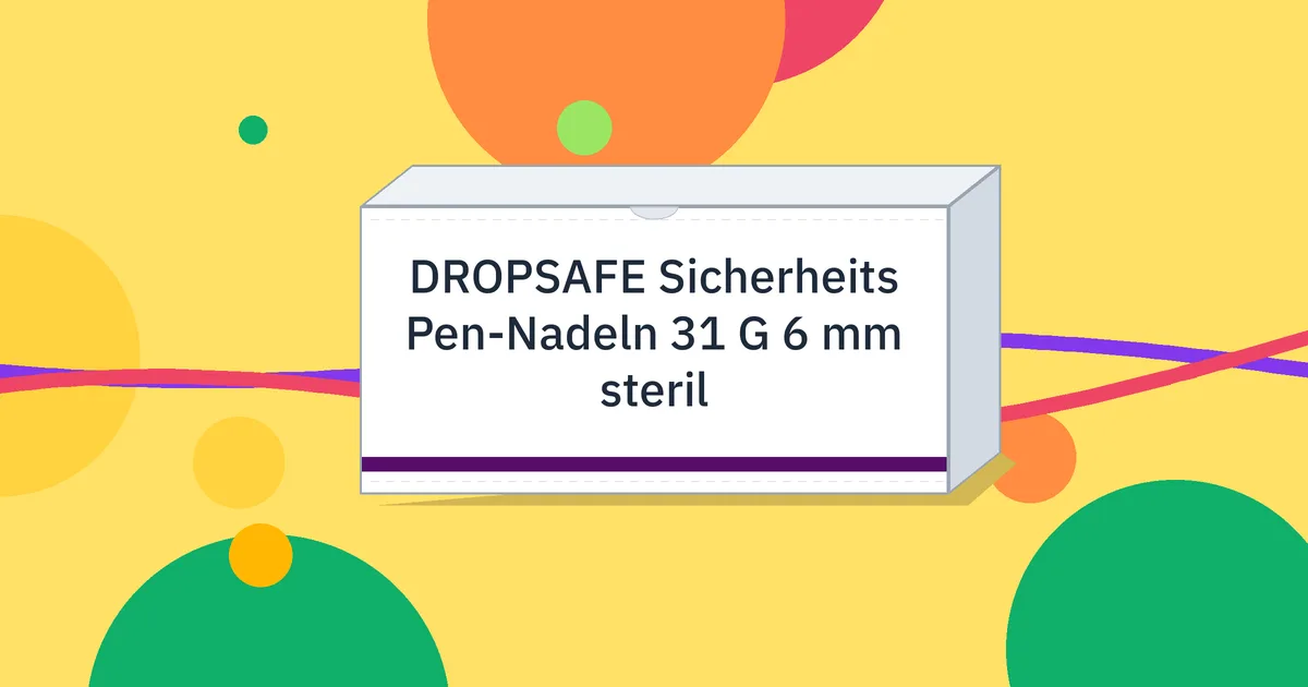 Symbolbild: Packung mit der Aufschrift DROPSAFE Sicherheits Pen-Nadeln 31 G 6 mm steril (PZN 20919544) – Verfügbarkeit und Bezug in Apotheken in Frankfurt am Main
