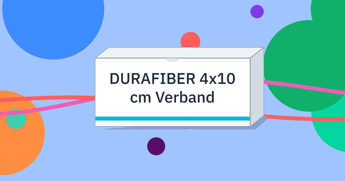 Symbolbild: Packung mit der Aufschrift DURAFIBER 4x10 cm Verband (PZN 10284122) – Verfügbarkeit und Bezug in Apotheken in Frankfurt am Main