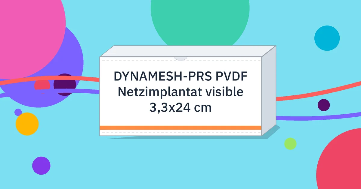 Symbolbild: Packung mit der Aufschrift DYNAMESH-PRS PVDF Netzimplantat visible 3,3x24 cm (PZN 19390104) – Verfügbarkeit und Bezug in Apotheken in Frankfurt am Main