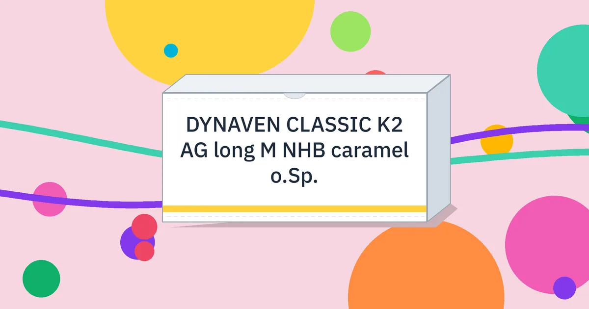 Symbolbild: Packung mit der Aufschrift DYNAVEN CLASSIC K2 AG long M NHB caramel o.Sp. (PZN 18418438) – Verfügbarkeit und Bezug in Apotheken in Frankfurt am Main
