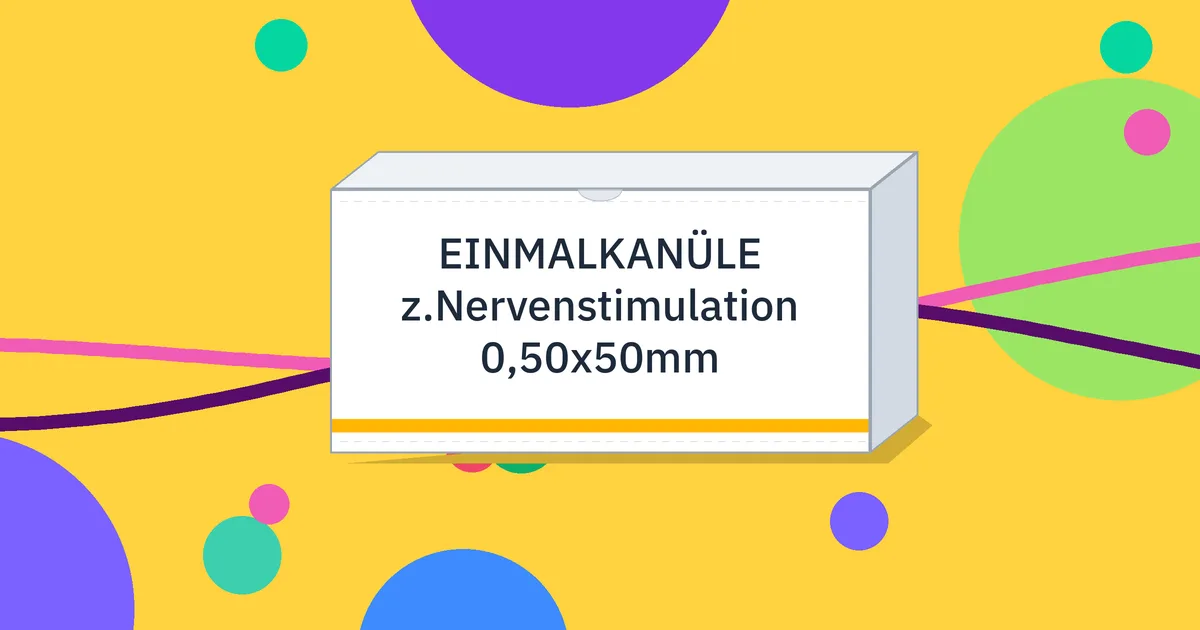 Symbolbild: Packung mit der Aufschrift EINMALKANÜLE z.Nervenstimulation 0,50x50mm (PZN 02200045) – Verfügbarkeit und Bezug in Apotheken in Frankfurt am Main