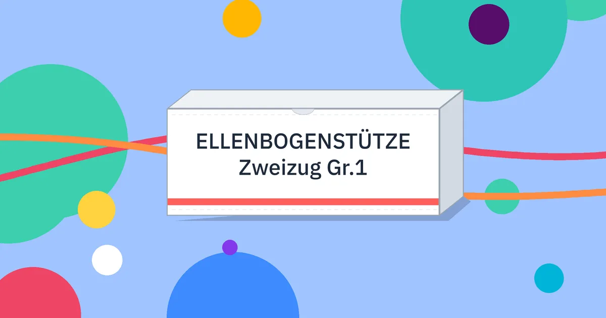 Symbolbild: Packung mit der Aufschrift ELLENBOGENSTÜTZE Zweizug Gr.1 (PZN 02008158) – Verfügbarkeit und Bezug in Apotheken in Frankfurt am Main
