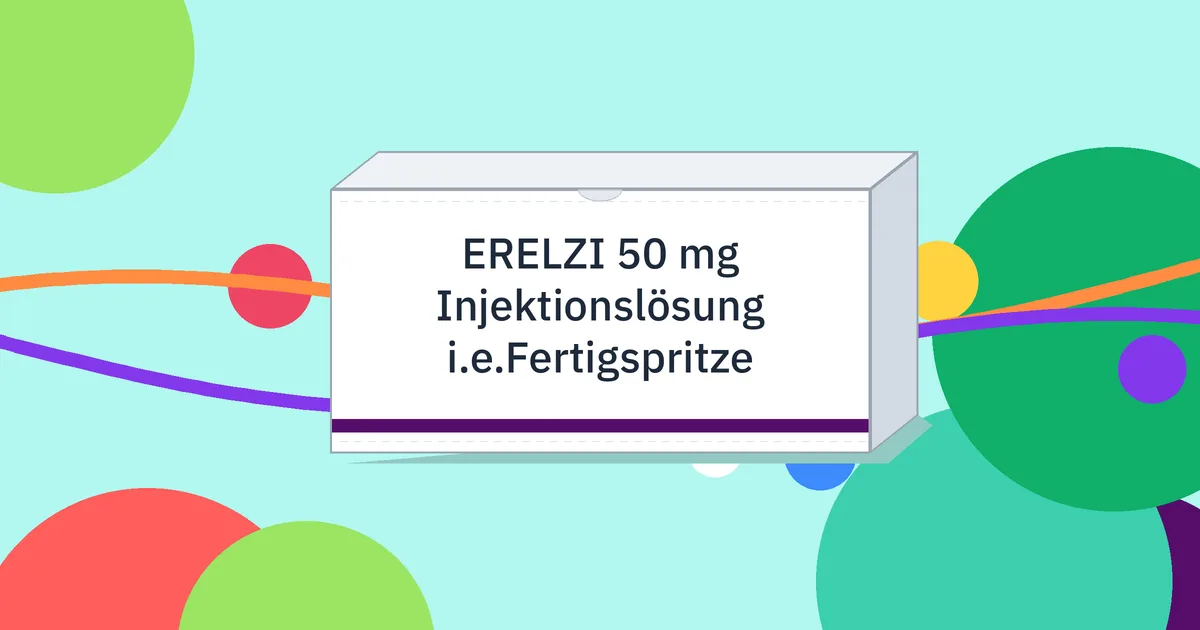 Symbolbild: Packung mit der Aufschrift ERELZI 50 mg Injektionslösung i.e.Fertigspritze (PZN 13696121) – Verfügbarkeit und Bezug in Apotheken in Frankfurt am Main