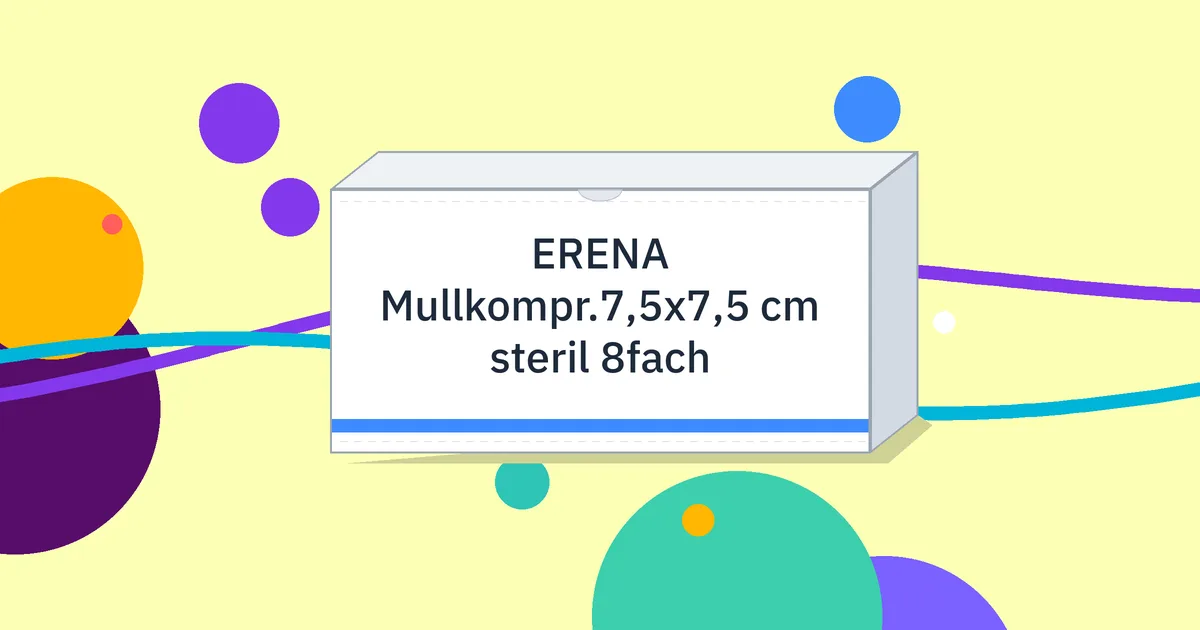Symbolbild: Packung mit der Aufschrift ERENA Mullkompr.7,5x7,5 cm steril 8fach (PZN 03305349) – Verfügbarkeit und Bezug in Apotheken in Frankfurt am Main