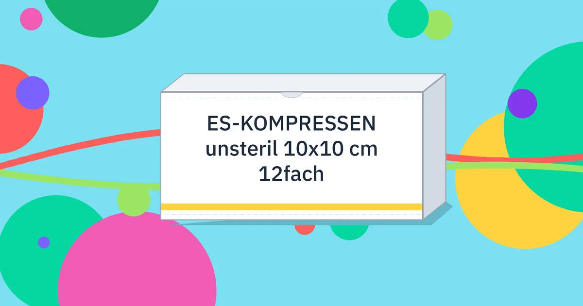 Symbolbild: Packung mit der Aufschrift ES-KOMPRESSEN unsteril 10x10 cm 12fach (PZN 19267817) – Verfügbarkeit und Bezug in Apotheken in Frankfurt am Main
