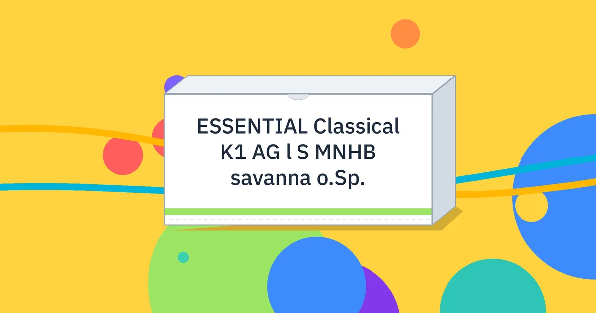 Symbolbild: Packung mit der Aufschrift ESSENTIAL Classical K1 AG l S MNHB savanna o.Sp. (PZN 19320440) – Verfügbarkeit und Bezug in Apotheken in Frankfurt am Main