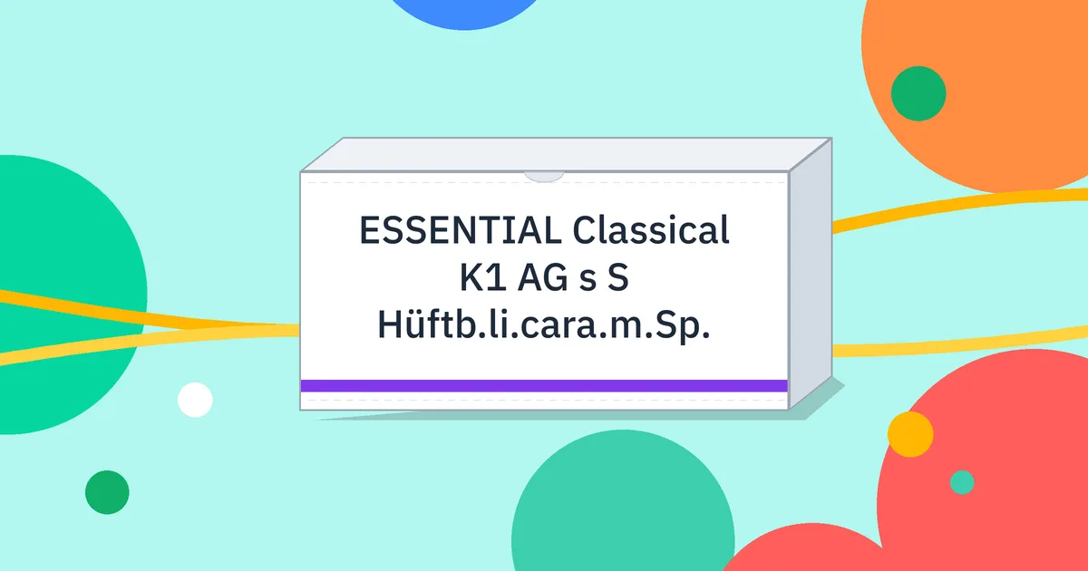 Symbolbild: Packung mit der Aufschrift ESSENTIAL Classical K1 AG s S Hüftb.li.cara.m.Sp. (PZN 17011522) – Verfügbarkeit und Bezug in Apotheken in Frankfurt am Main