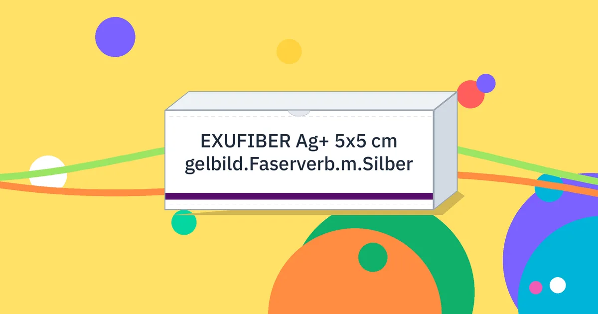 Symbolbild: Packung mit der Aufschrift EXUFIBER Ag+ 5x5 cm gelbild.Faserverb.m.Silber (PZN 19649022) – Verfügbarkeit und Bezug in Apotheken in Frankfurt am Main