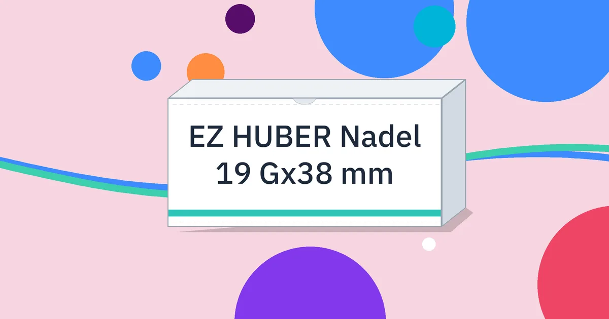 Symbolbild: Packung mit der Aufschrift EZ HUBER Nadel 19 Gx38 mm (PZN 05033501) – Verfügbarkeit und Bezug in Apotheken in Frankfurt am Main