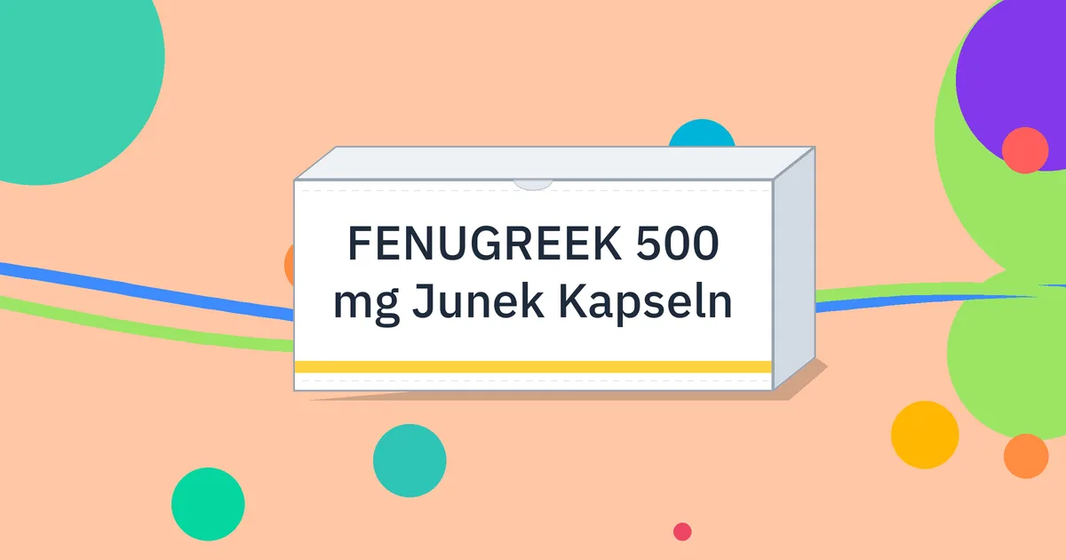 Symbolbild: Packung mit der Aufschrift FENUGREEK 500 mg Junek Kapseln (PZN 11075567) – Verfügbarkeit und Bezug in Apotheken in Frankfurt am Main
