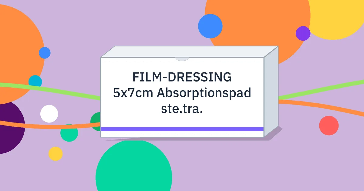 Symbolbild: Packung mit der Aufschrift FILM-DRESSING 5x7cm Absorptionspad ste.tra. (PZN 19508907) – Verfügbarkeit und Bezug in Apotheken in Frankfurt am Main