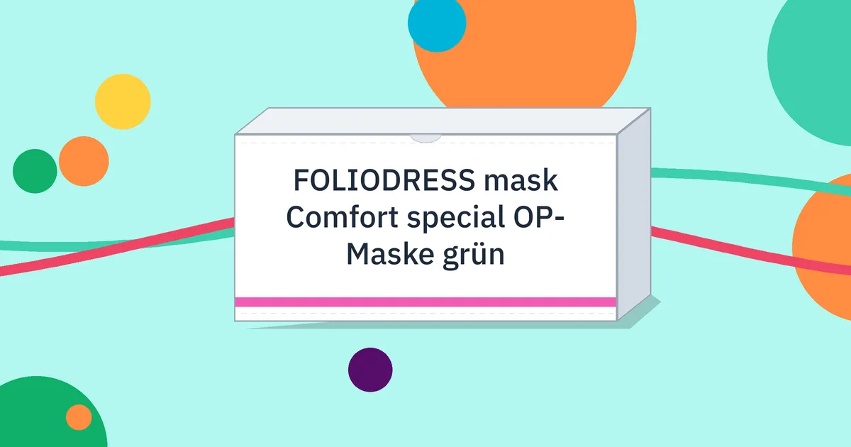 Symbolbild: Packung mit der Aufschrift FOLIODRESS mask Comfort special OP-Maske grün (PZN 02845842) – Verfügbarkeit und Bezug in Apotheken in Frankfurt am Main