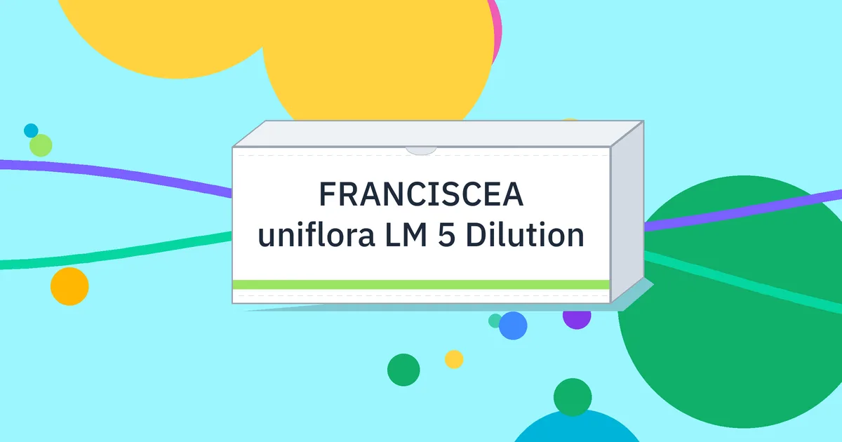 Symbolbild: Packung mit der Aufschrift FRANCISCEA uniflora LM 5 Dilution (PZN 13491028) – Verfügbarkeit und Bezug in Apotheken in Frankfurt am Main