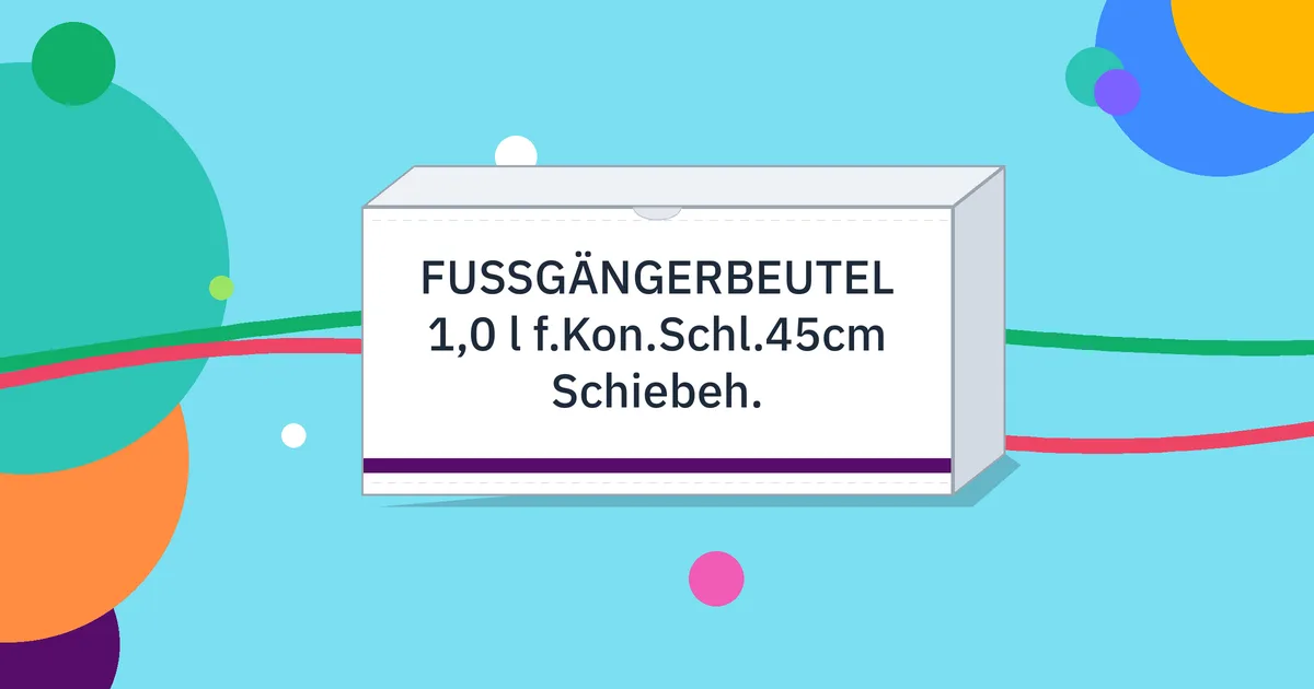Symbolbild: Packung mit der Aufschrift FUSSGÄNGERBEUTEL 1,0 l f.Kon.Schl.45cm Schiebeh. (PZN 06096857) – Verfügbarkeit und Bezug in Apotheken in Frankfurt am Main