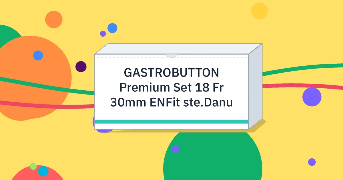 Symbolbild: Packung mit der Aufschrift GASTROBUTTON Premium Set 18 Fr 30mm ENFit ste.Danu (PZN 16883846) – Verfügbarkeit und Bezug in Apotheken in Frankfurt am Main