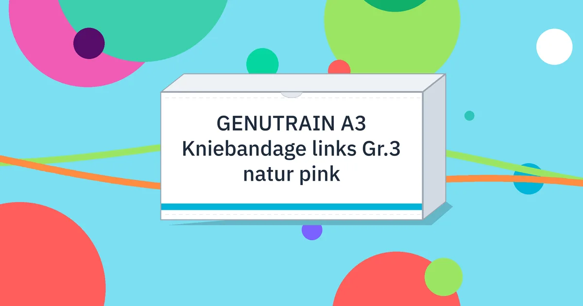 Symbolbild: Packung mit der Aufschrift GENUTRAIN A3 Kniebandage links Gr.3 natur pink (PZN 01071723) – Verfügbarkeit und Bezug in Apotheken in Frankfurt am Main
