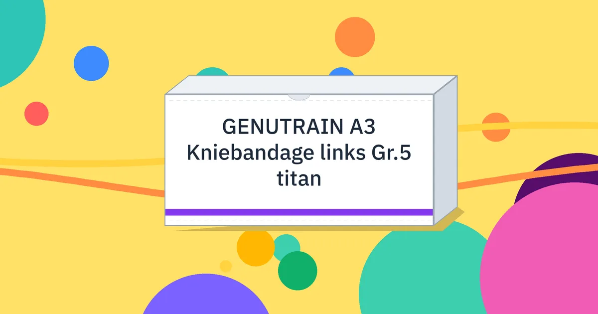 Symbolbild: Packung mit der Aufschrift GENUTRAIN A3 Kniebandage links Gr.5 titan (PZN 01071893) – Verfügbarkeit und Bezug in Apotheken in Frankfurt am Main