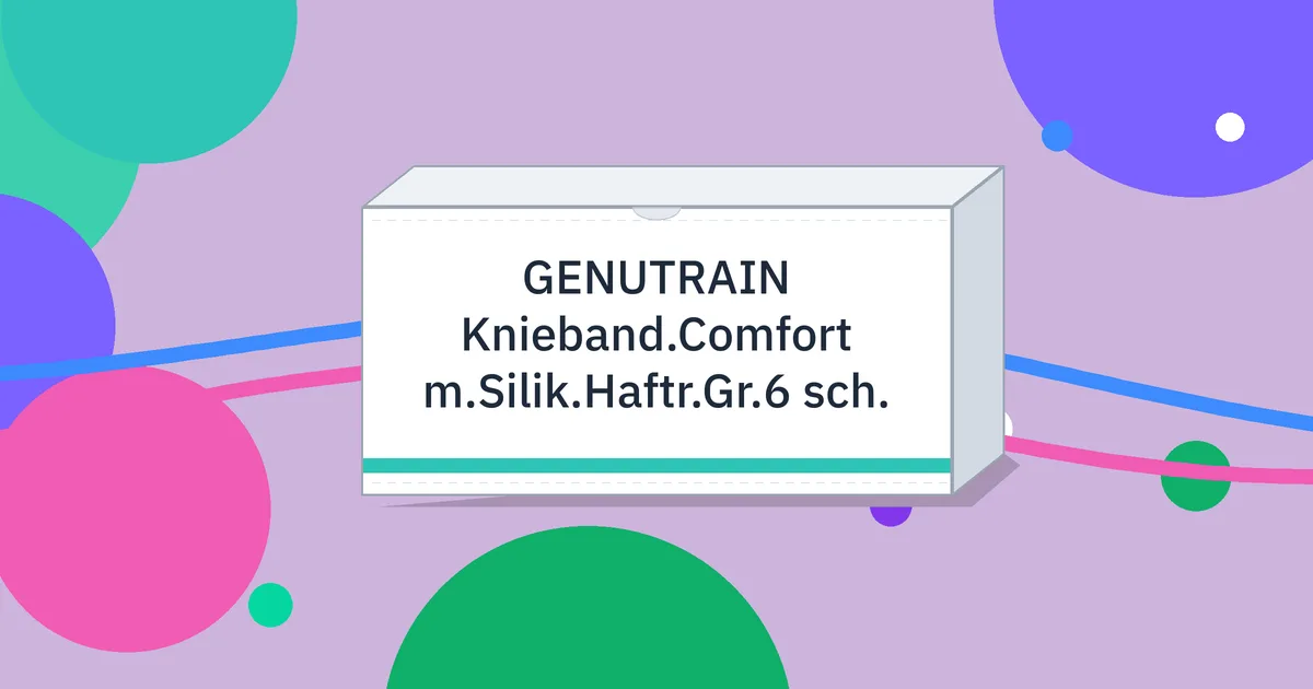 Symbolbild: Packung mit der Aufschrift GENUTRAIN Knieband.Comfort m.Silik.Haftr.Gr.6 sch. (PZN 12517429) – Verfügbarkeit und Bezug in Apotheken in Frankfurt am Main