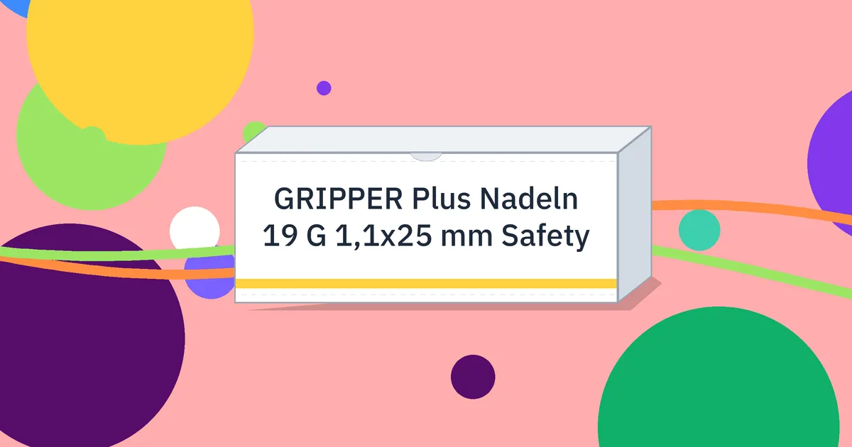 Symbolbild: Packung mit der Aufschrift GRIPPER Plus Nadeln 19 G 1,1x25 mm Safety (PZN 14287146) – Verfügbarkeit und Bezug in Apotheken in Frankfurt am Main