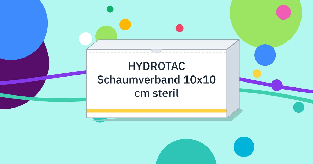 Symbolbild: Packung mit der Aufschrift HYDROTAC Schaumverband 10x10 cm steril (PZN 18127793) – Verfügbarkeit und Bezug in Apotheken in Frankfurt am Main