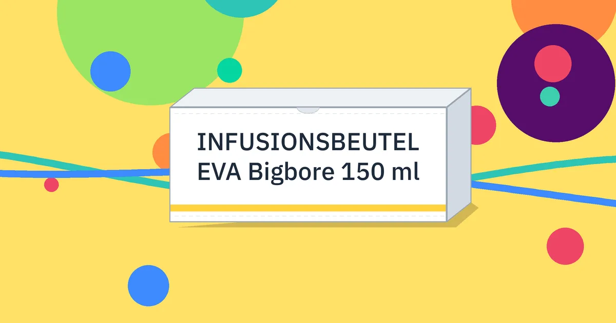 Symbolbild: Packung mit der Aufschrift INFUSIONSBEUTEL EVA Bigbore 150 ml (PZN 20186248) – Verfügbarkeit und Bezug in Apotheken in Frankfurt am Main