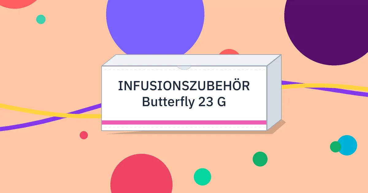 Symbolbild: Packung mit der Aufschrift INFUSIONSZUBEHÖR Butterfly 23 G (PZN 06837590) – Verfügbarkeit und Bezug in Apotheken in Frankfurt am Main