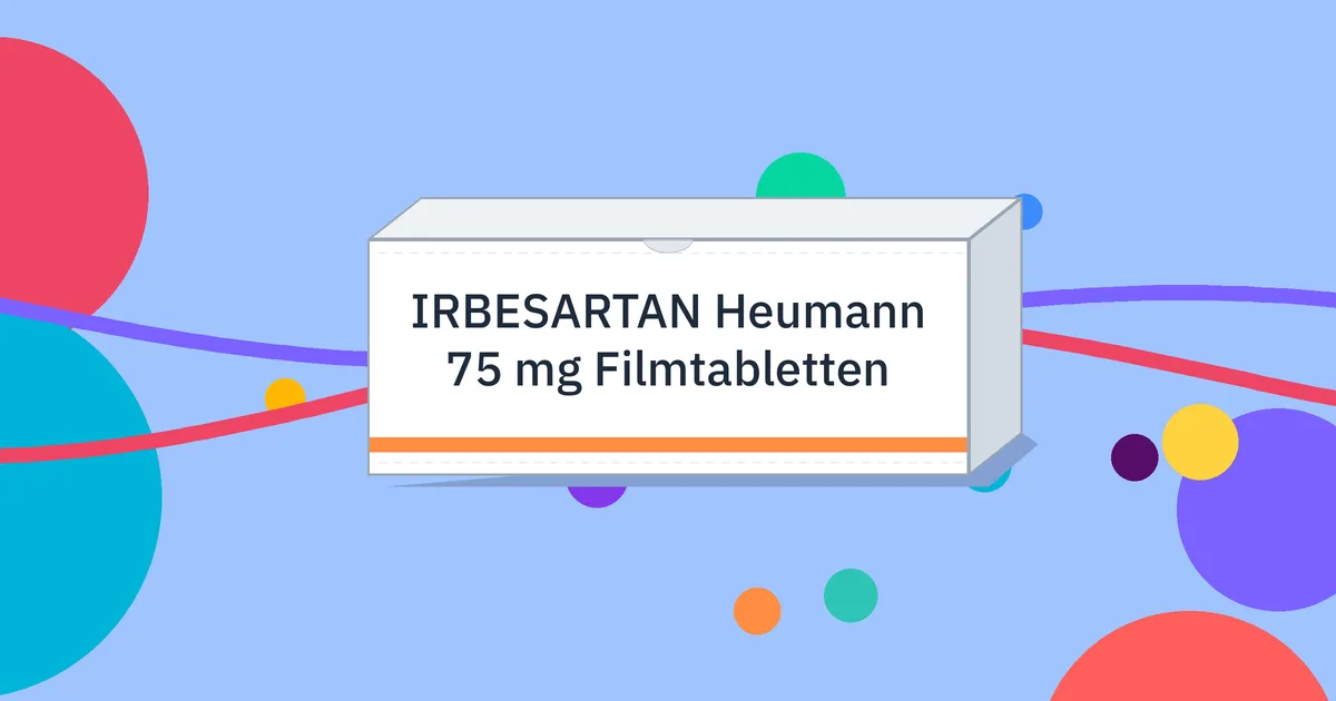 Symbolbild: Packung mit der Aufschrift IRBESARTAN Heumann 75 mg Filmtabletten (PZN 19129601) – Verfügbarkeit und Bezug in Apotheken in Frankfurt am Main