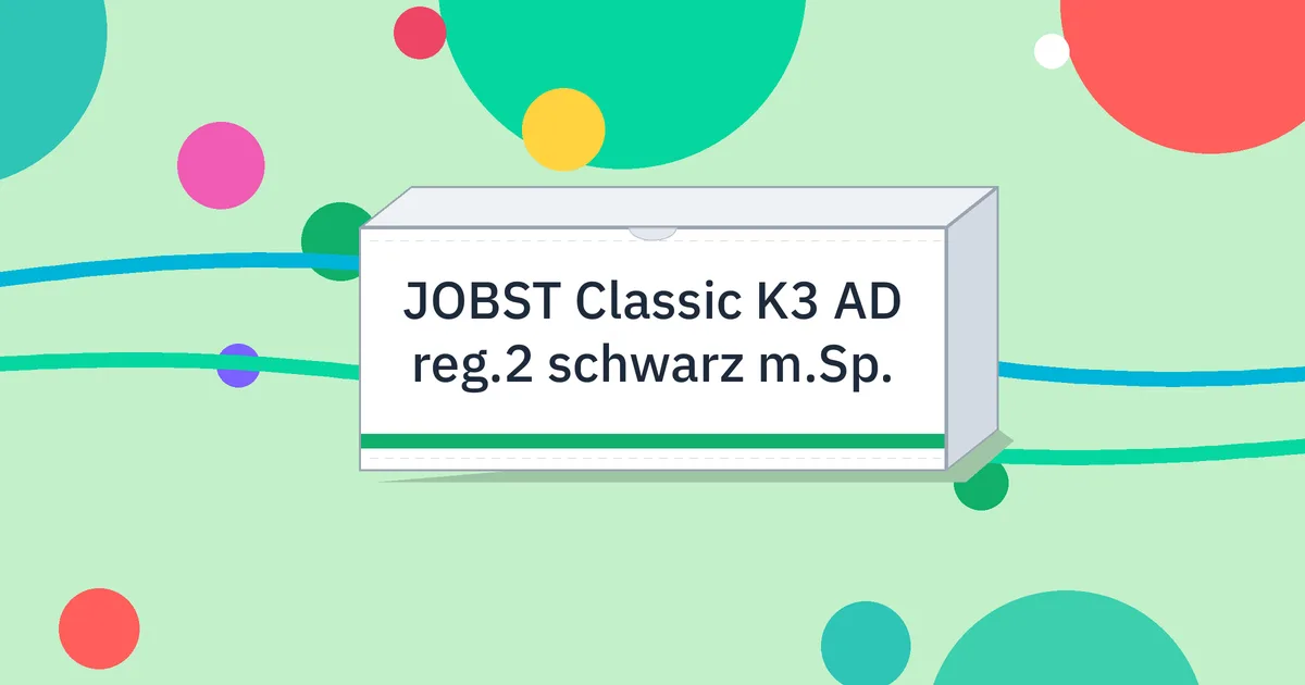 Symbolbild: Packung mit der Aufschrift JOBST Classic K3 AD reg.2 schwarz m.Sp. (PZN 13071065) – Verfügbarkeit und Bezug in Apotheken in Frankfurt am Main