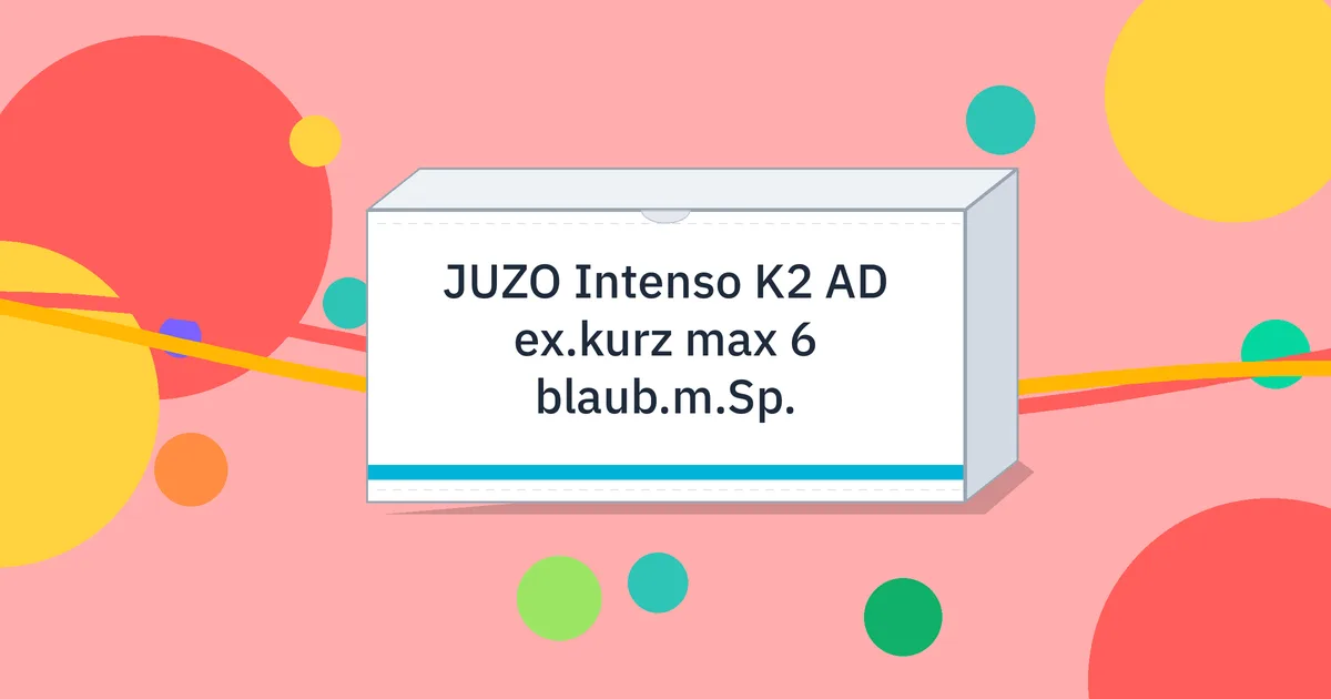 Symbolbild: Packung mit der Aufschrift JUZO Intenso K2 AD ex.kurz max 6 blaub.m.Sp. (PZN 18606938) – Verfügbarkeit und Bezug in Apotheken in Frankfurt am Main
