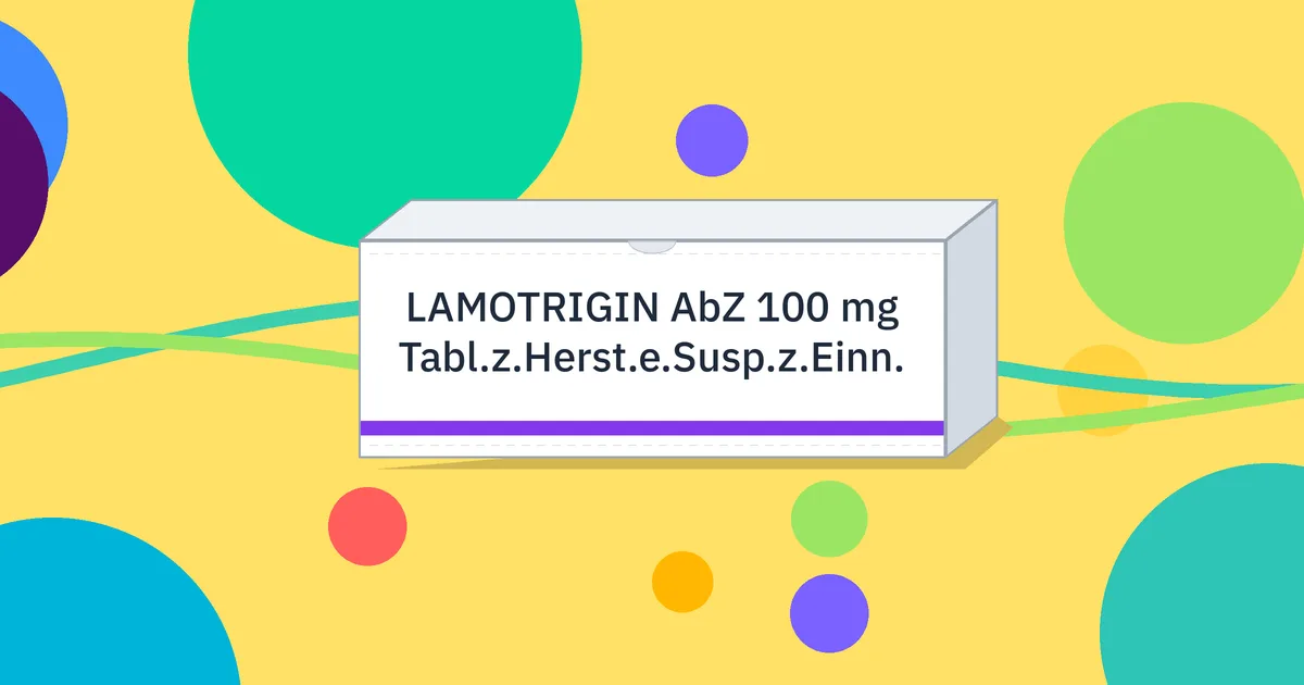 Symbolbild: Packung mit der Aufschrift LAMOTRIGIN AbZ 100 mg Tabl.z.Herst.e.Susp.z.Einn. (PZN 04165933) – Verfügbarkeit und Bezug in Apotheken in Frankfurt am Main