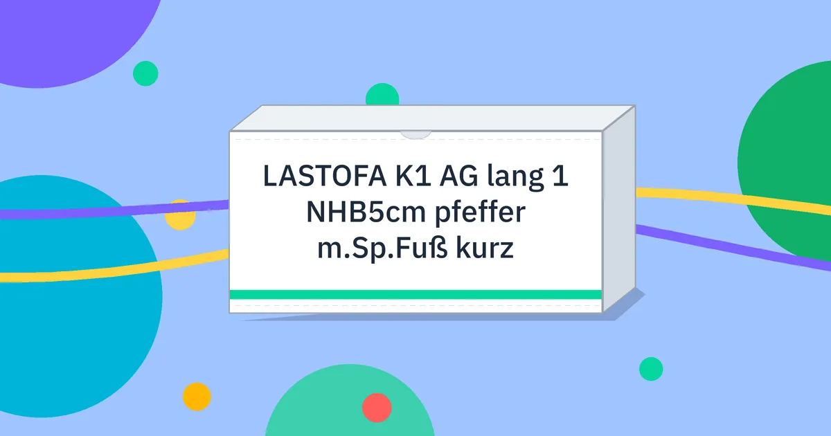 Symbolbild: Packung mit der Aufschrift LASTOFA K1 AG lang 1 NHB5cm pfeffer m.Sp.Fuß kurz (PZN 13789265) – Verfügbarkeit und Bezug in Apotheken in Frankfurt am Main