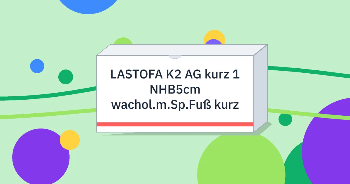 Symbolbild: Packung mit der Aufschrift LASTOFA K2 AG kurz 1 NHB5cm wachol.m.Sp.Fuß kurz (PZN 13802155) – Verfügbarkeit und Bezug in Apotheken in Frankfurt am Main