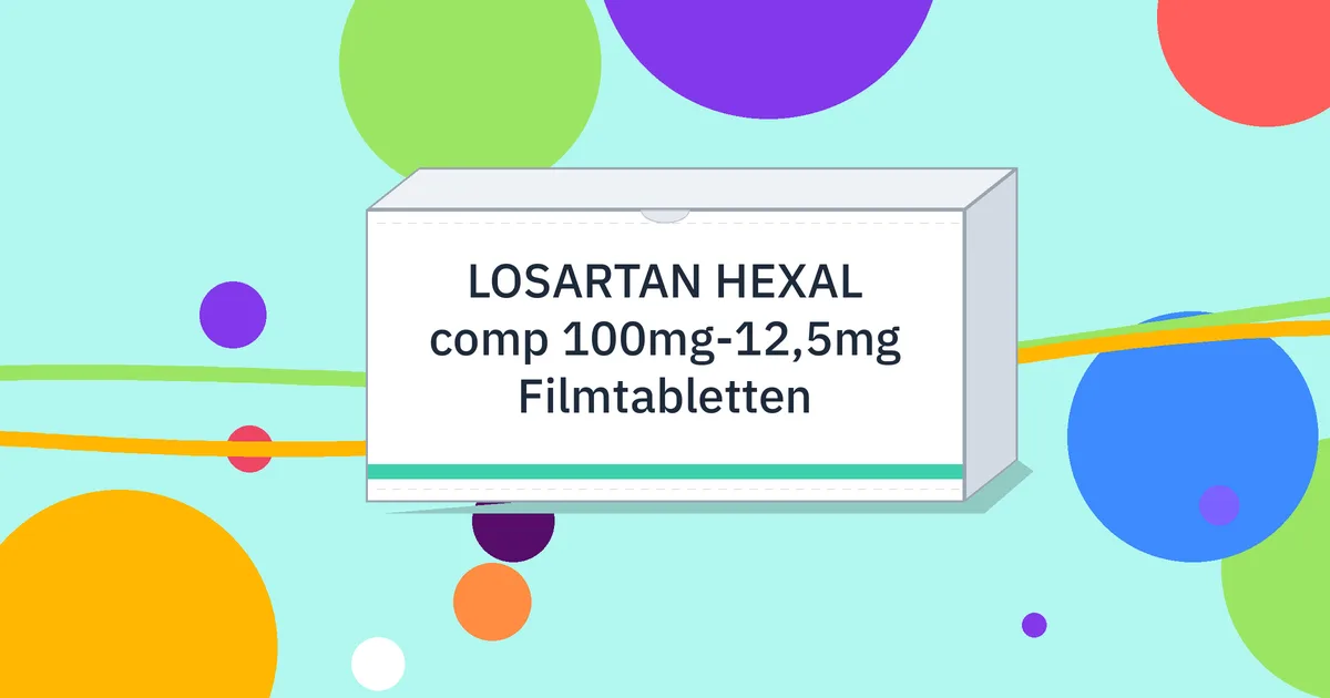 Symbolbild: Packung mit der Aufschrift LOSARTAN HEXAL comp 100mg-12,5mg Filmtabletten (PZN 09096958) – Verfügbarkeit und Bezug in Apotheken in Frankfurt am Main