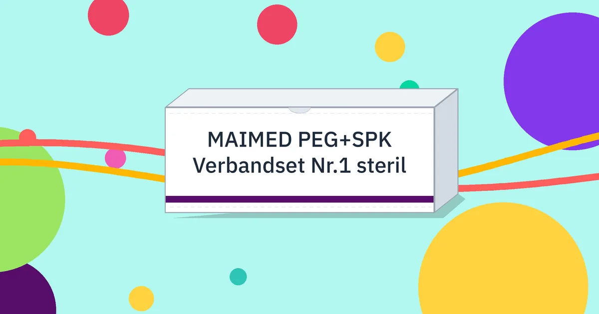 Symbolbild: Packung mit der Aufschrift MAIMED PEG+SPK Verbandset Nr.1 steril (PZN 20354438) – Verfügbarkeit und Bezug in Apotheken in Frankfurt am Main