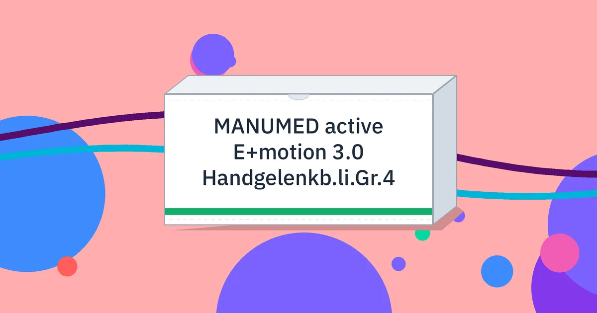 Symbolbild: Packung mit der Aufschrift MANUMED active E+motion 3.0 Handgelenkb.li.Gr.4 (PZN 19369713) – Verfügbarkeit und Bezug in Apotheken in Frankfurt am Main