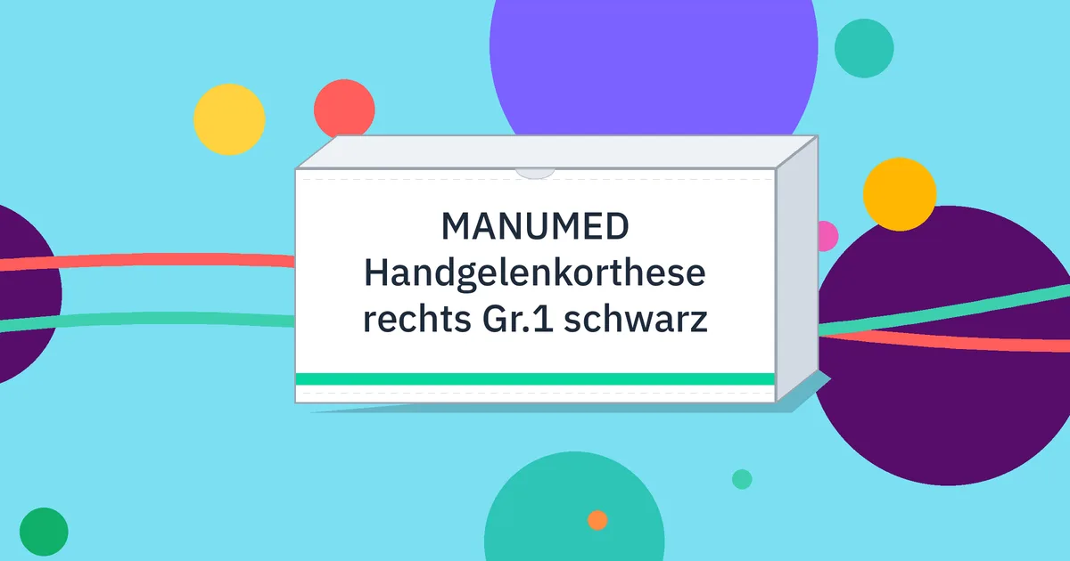 Symbolbild: Packung mit der Aufschrift MANUMED Handgelenkorthese rechts Gr.1 schwarz (PZN 15314388) – Verfügbarkeit und Bezug in Apotheken in Frankfurt am Main