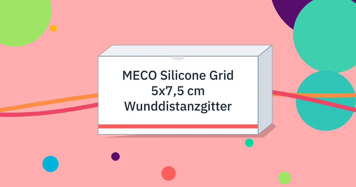 Symbolbild: Packung mit der Aufschrift MECO Silicone Grid 5x7,5 cm Wunddistanzgitter (PZN 17616403) – Verfügbarkeit und Bezug in Apotheken in Frankfurt am Main
