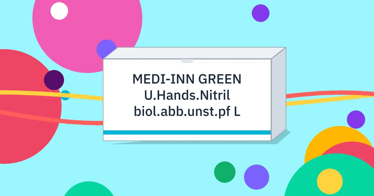 Symbolbild: Packung mit der Aufschrift MEDI-INN GREEN U.Hands.Nitril biol.abb.unst.pf L (PZN 19626788) – Verfügbarkeit und Bezug in Apotheken in Frankfurt am Main