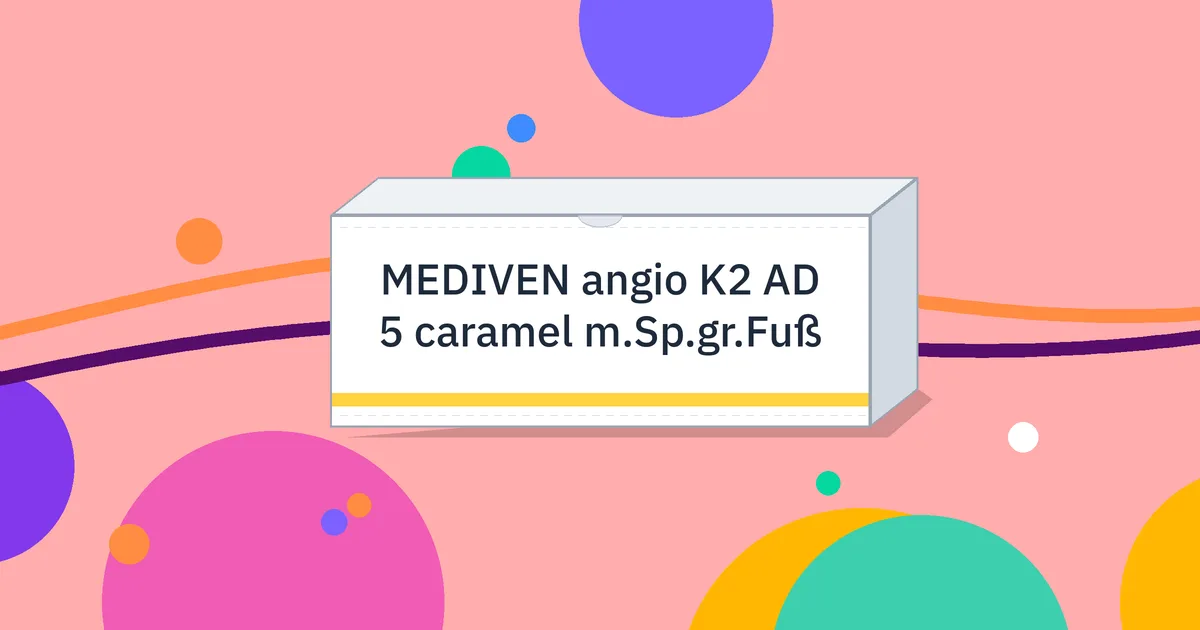 Symbolbild: Packung mit der Aufschrift MEDIVEN angio K2 AD 5 caramel m.Sp.gr.Fuß (PZN 17210701) – Verfügbarkeit und Bezug in Apotheken in Frankfurt am Main