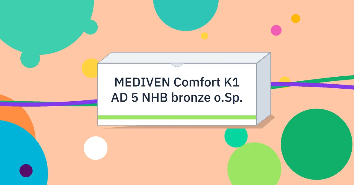 Symbolbild: Packung mit der Aufschrift MEDIVEN Comfort K1 AD 5 NHB bronze o.Sp. (PZN 14560412) – Verfügbarkeit und Bezug in Apotheken in Frankfurt am Main